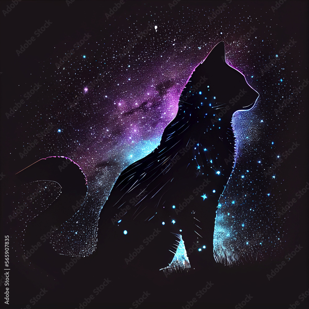 Illustrazione Stock silhouette of a cat in a starry night sky - AI ...