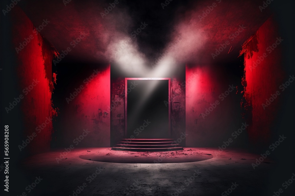 Dark stage, dark blue background, empty dark stage, neon lights and ...