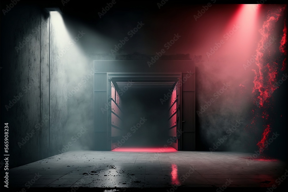 Dark stage, dark blue background, empty dark stage, neon lights and ...