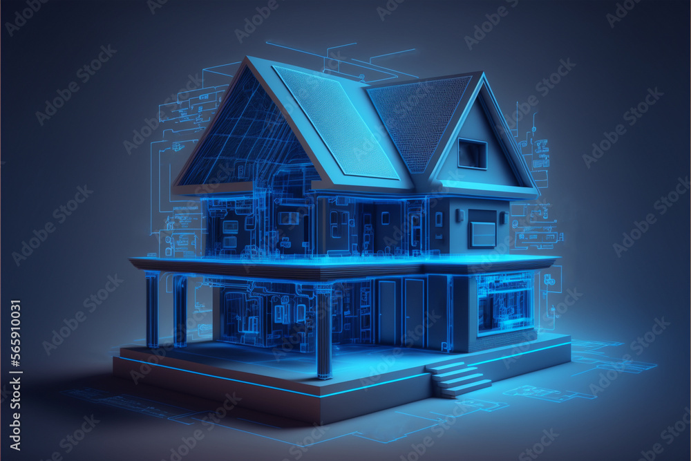 Smart house with solar panels, sketch in 3D with infographics in blue ...