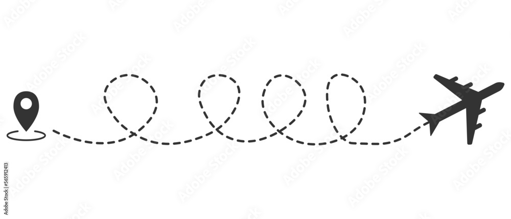 Airplane line path of air plane flight route with start point and dash ...
