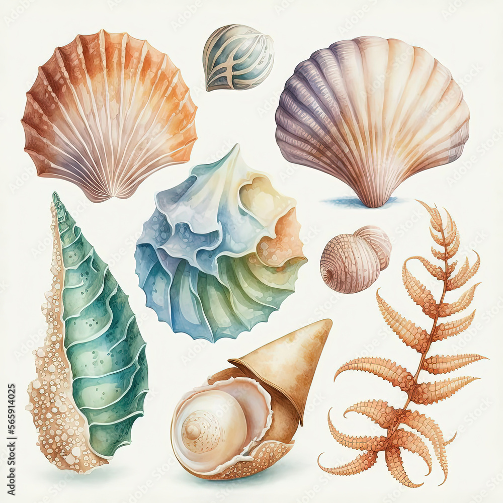 Watercolor sea shells clipart set. Hand drawn illustration. Ai ...