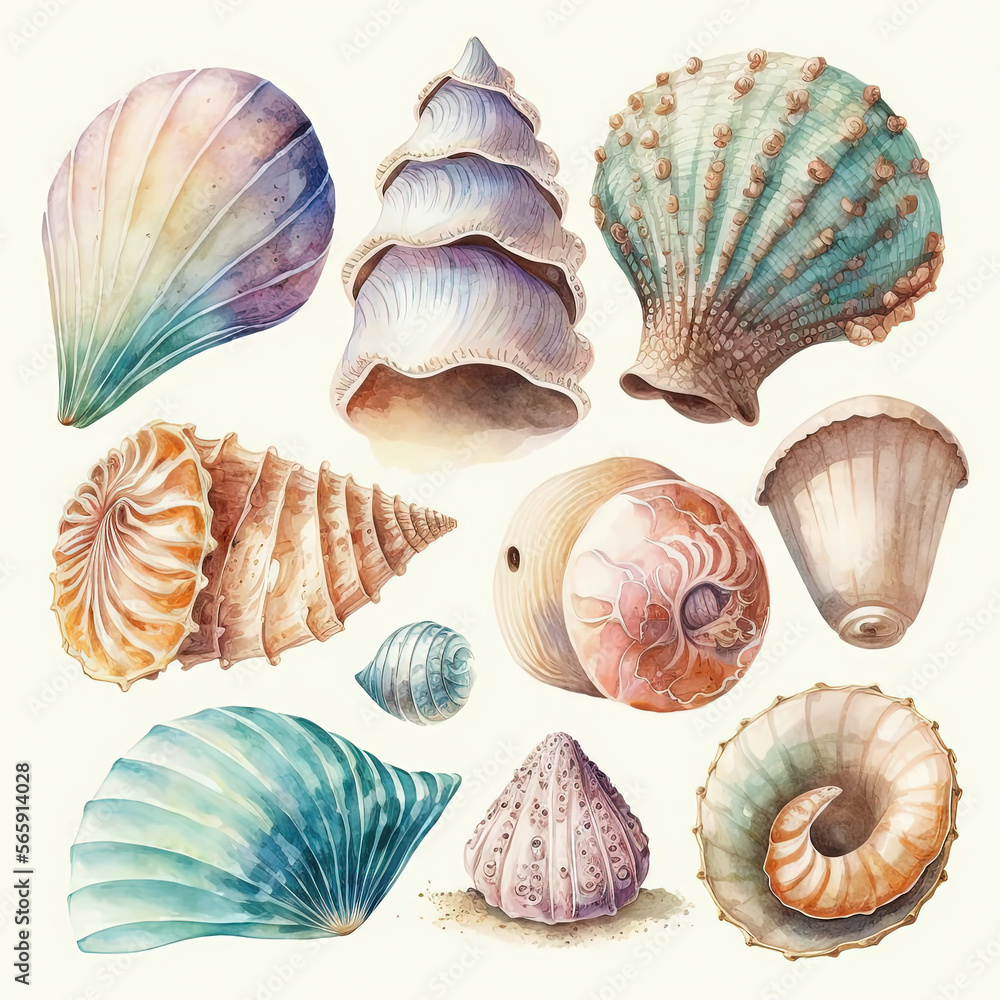 Watercolor sea shells clipart set. Hand drawn illustration. Ai ...