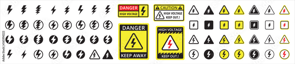 High voltage sign. Lightning bolt icon set. Electric shock caution ...