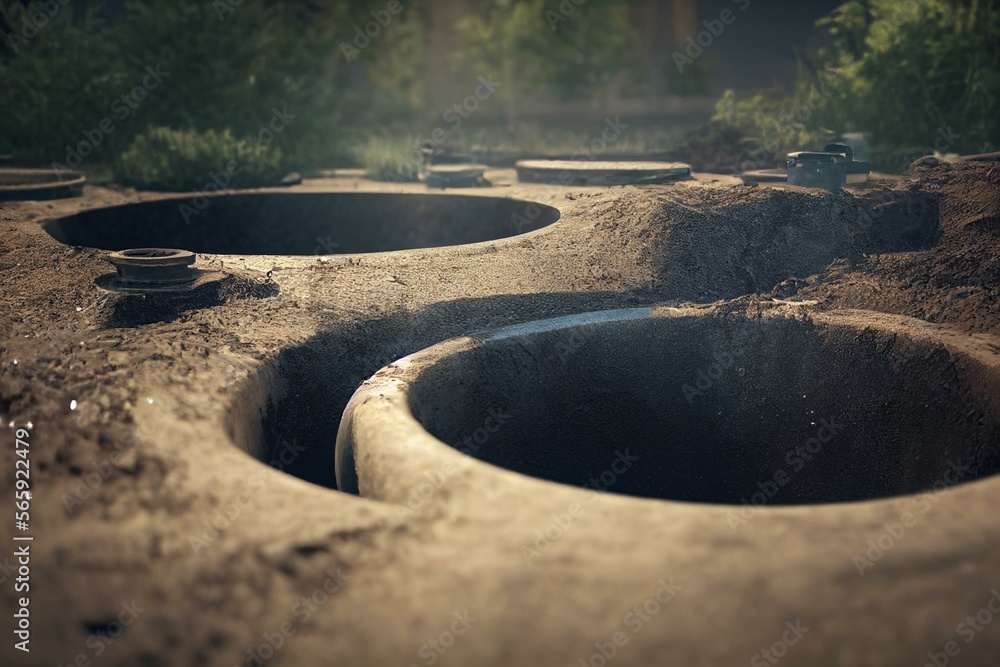 Pumping out sewage from a septic tank. Pipe in the drainage pit ...