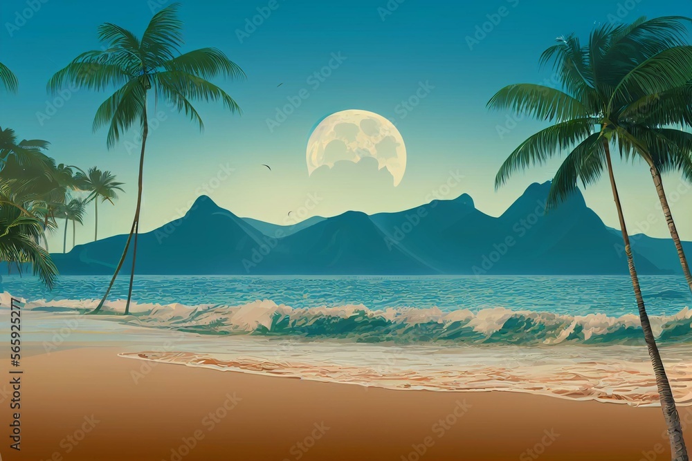 Tropical sea landscape with palm trees on shore in early morning ...