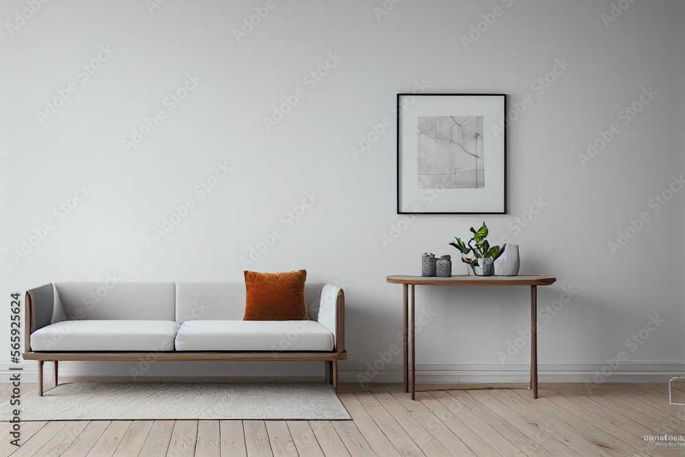 Portrait empty wooden frame mockup with linen cloth, velvet cushions ...