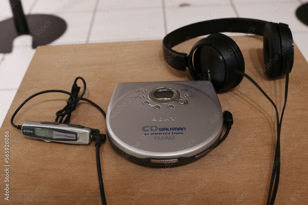 TOKYO, JAPAN - July 27, 2019: A Sony CD Walkman and headphones on ...
