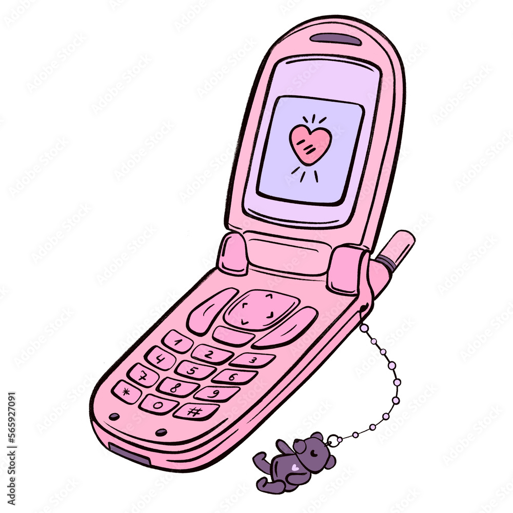 Cute retro illustration of a pink flip phone with a heart on the screen ...