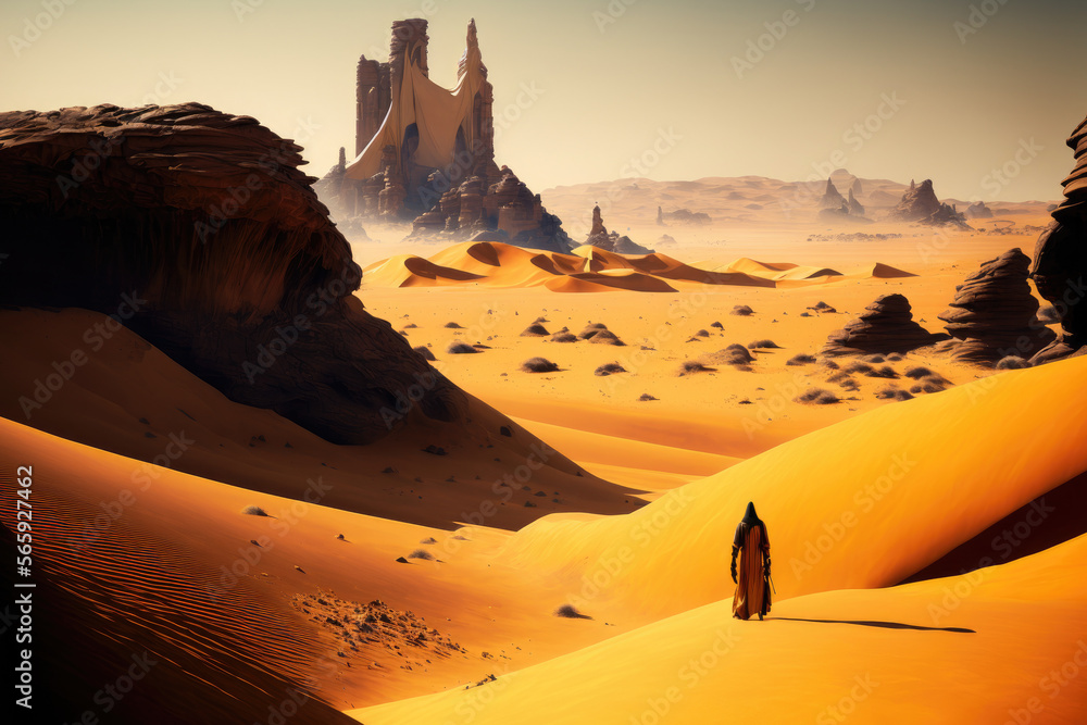 Arid desert with towering sand dunes, scorching sun and nomadic tribes ...