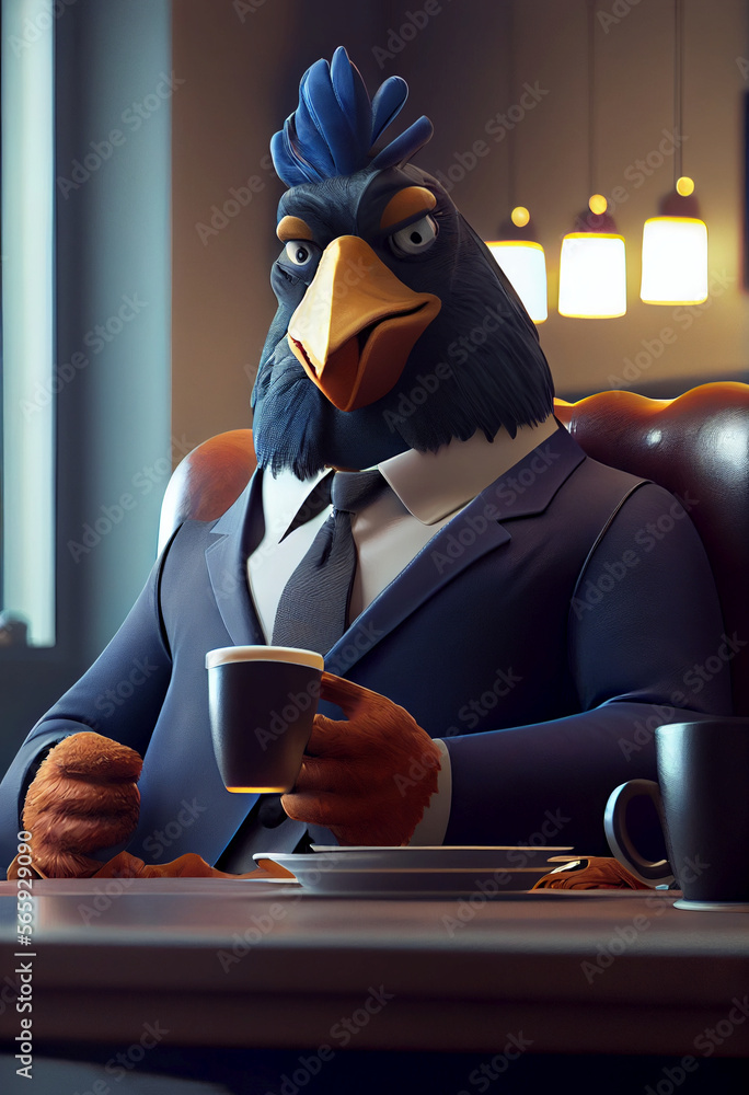 Cartoon bird chicken boss in classic suit sitting in the chair with cup ...