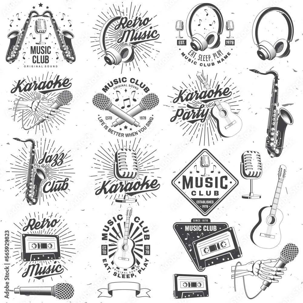 Retro music poster, banner. Retro microphone, saxophone , audio ...