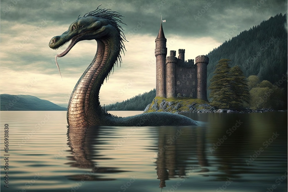 Nessie, the famed lake monster of Loch Ness in Scotland, rears out of the waters of the lake ...