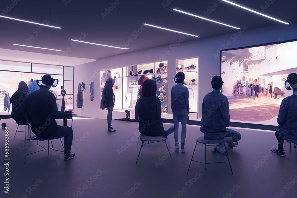 People playing as avatars in virtual reality metaverse shop, discussing ...