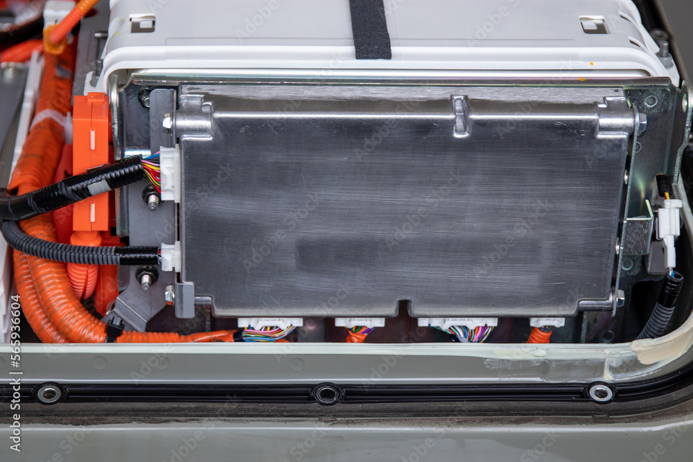 Close-up of lithium battery control unit and lithium battery inside an ...