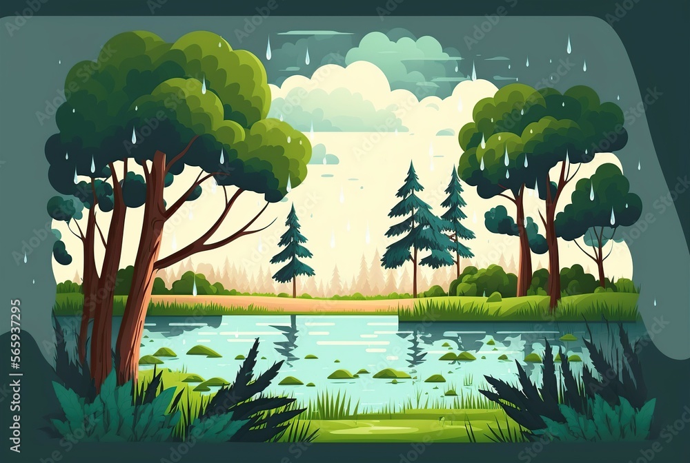 cartoon illustration, lake landscape with trees raining,generative AI ...