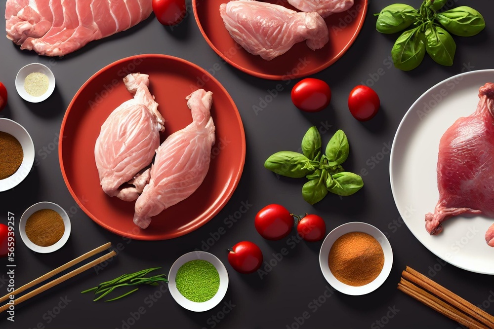 Prepared for frying, butchered various portions of raw chicken meat ...