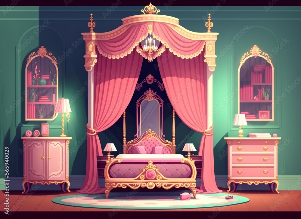 cartoon illustration, princess room, at home, palace or castle ...