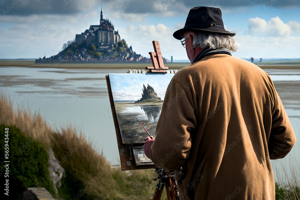 Artiste peintre en train de peindre le mont saint michel - illustration ia ilustración de Stock ...
