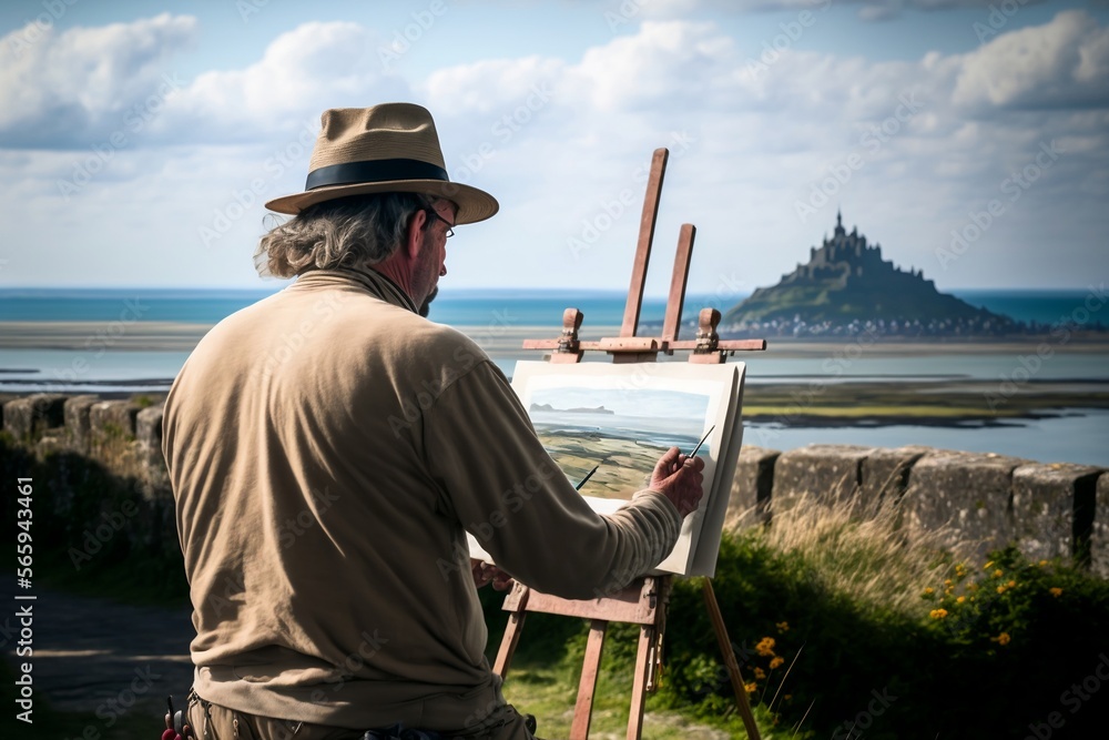 Artiste peintre en train de peindre le mont saint michel - illustration ...