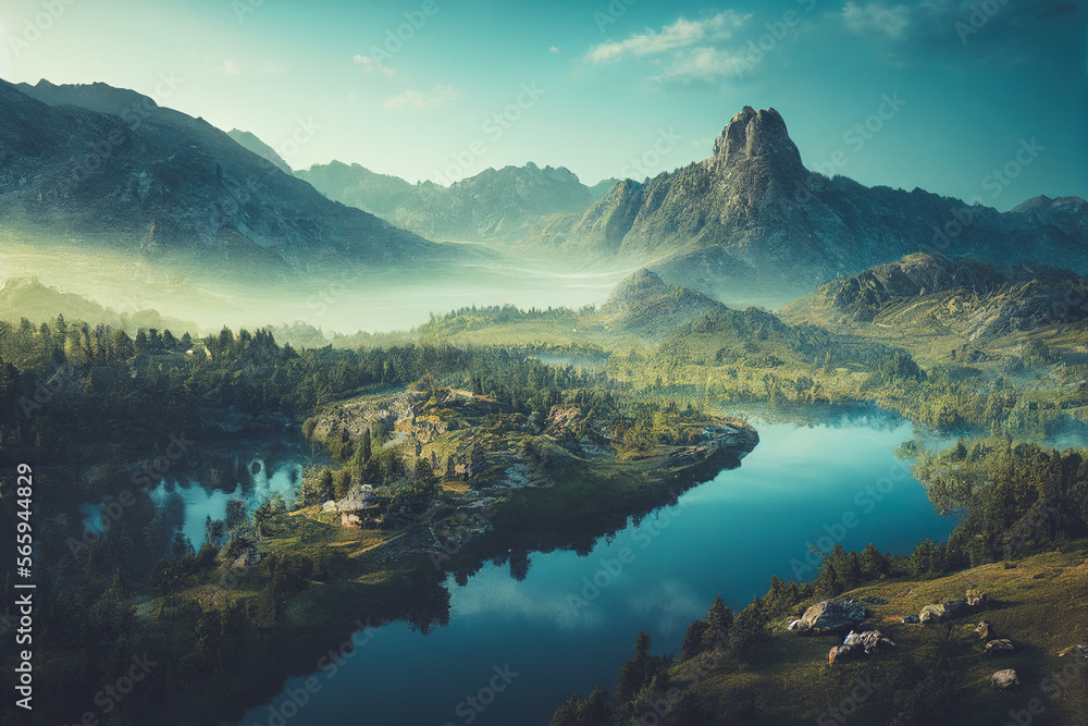 Mountain river landscape green forest for natural beauty background ...