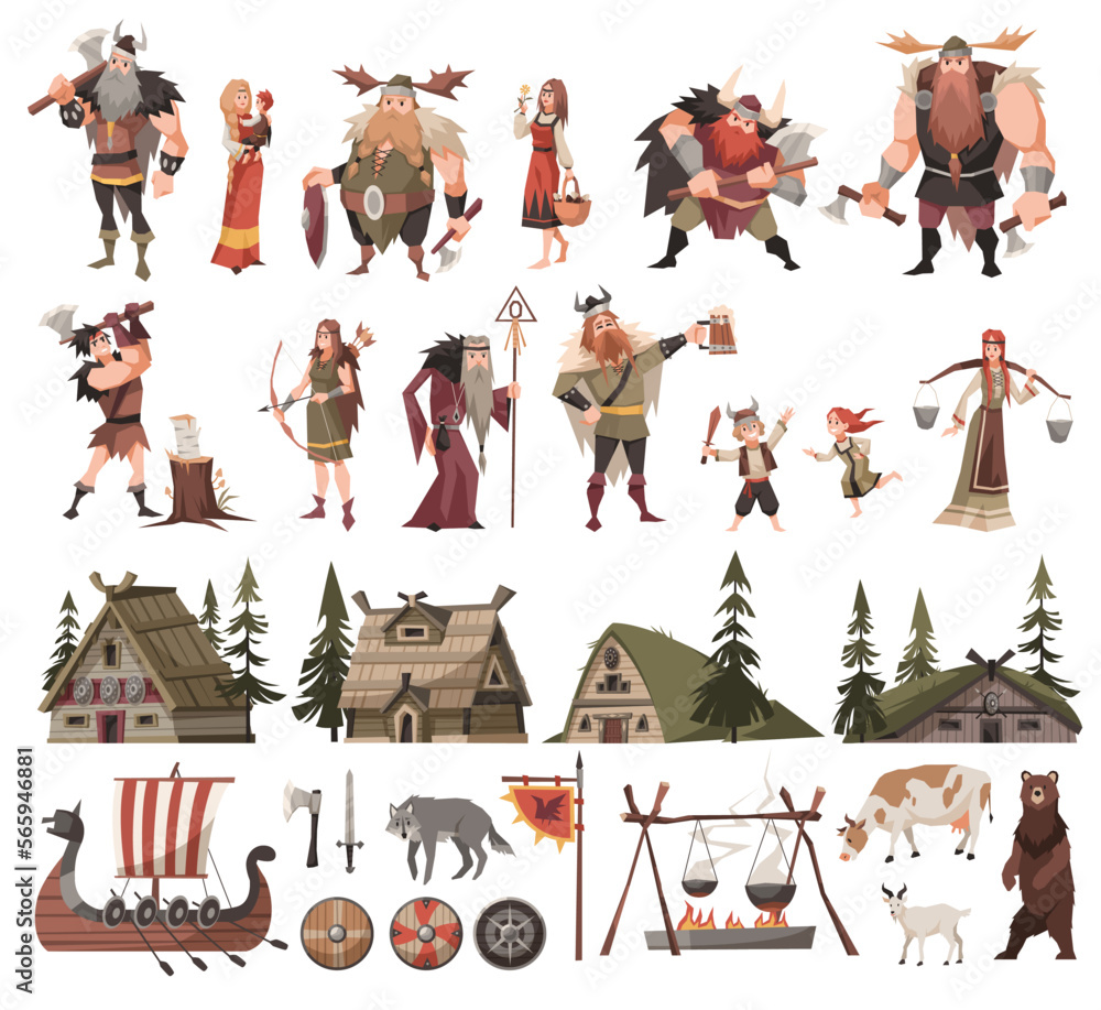 Cartoon vikings. Medieval barbarian characters and elements, household items, houses, ship and ...