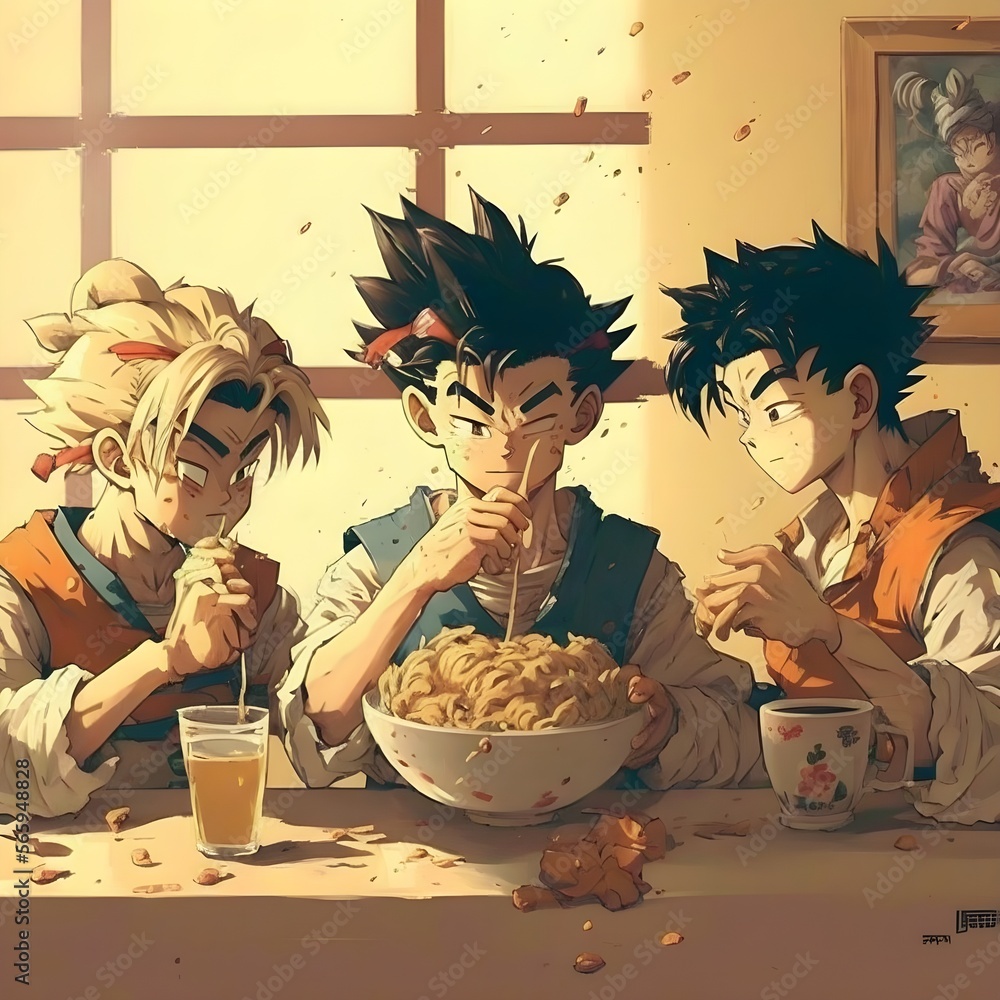 Goten Gohan and Goku eating ramen in a Japanese restaurant Normal ...