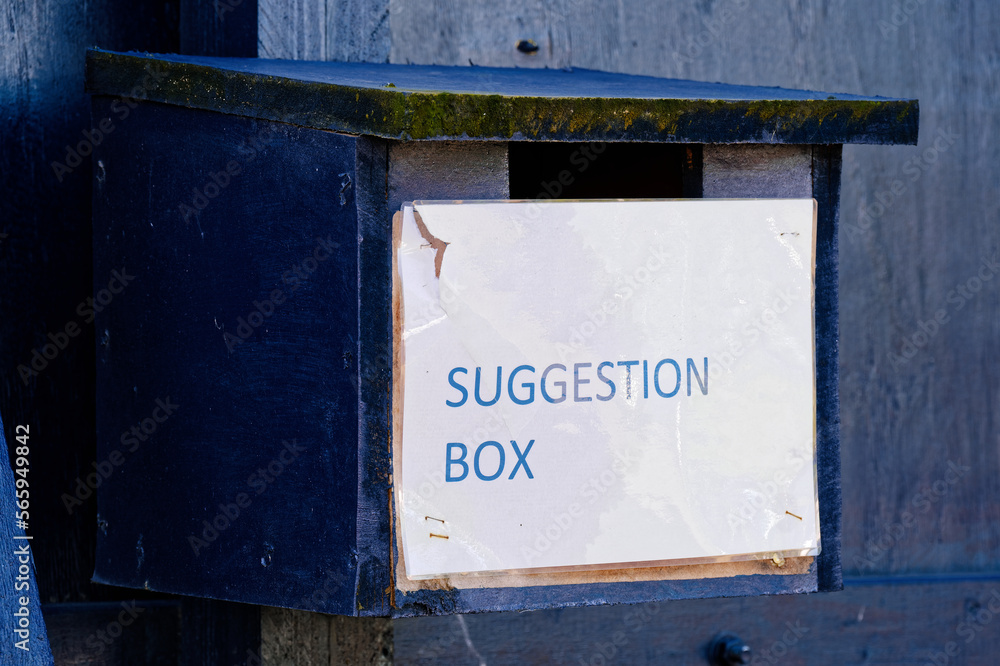 Suggestion box and sign at construction site entrance Stock Photo ...