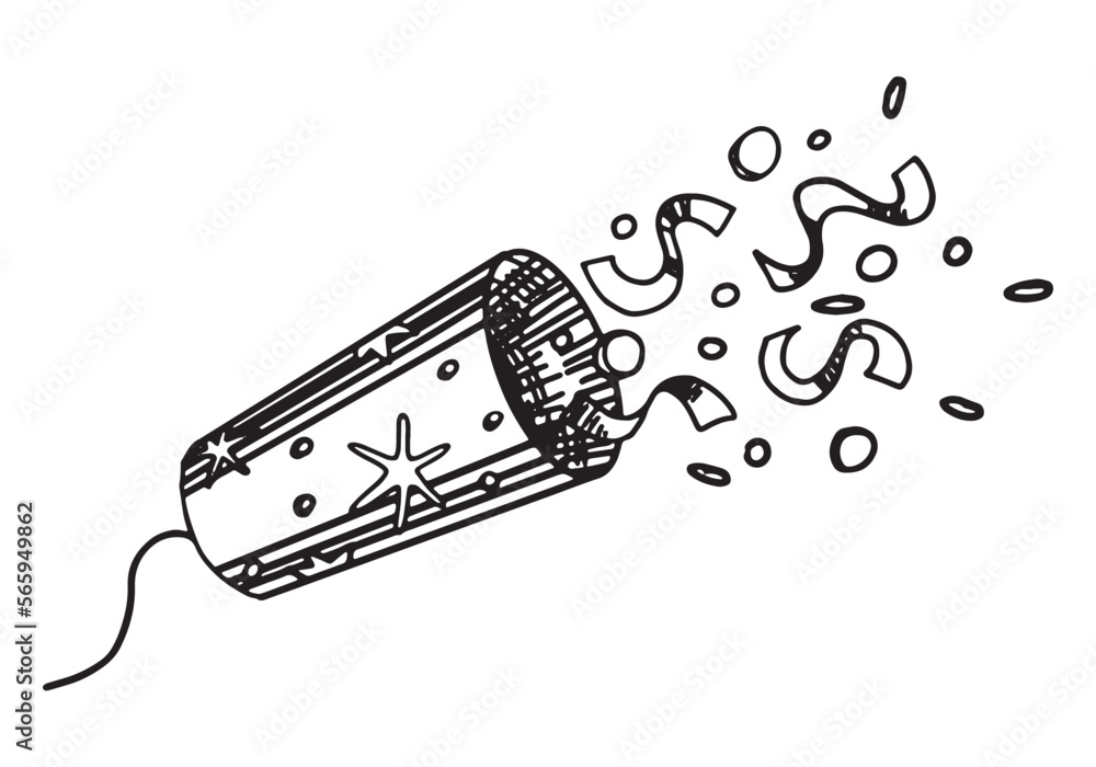 Party popper with confetti hand drawn vector illustration. Celebration ...