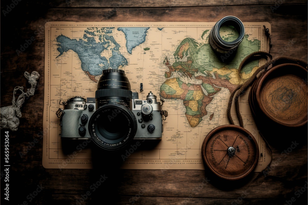 a camera and a map on a table with a compass and a compass cap on it ...