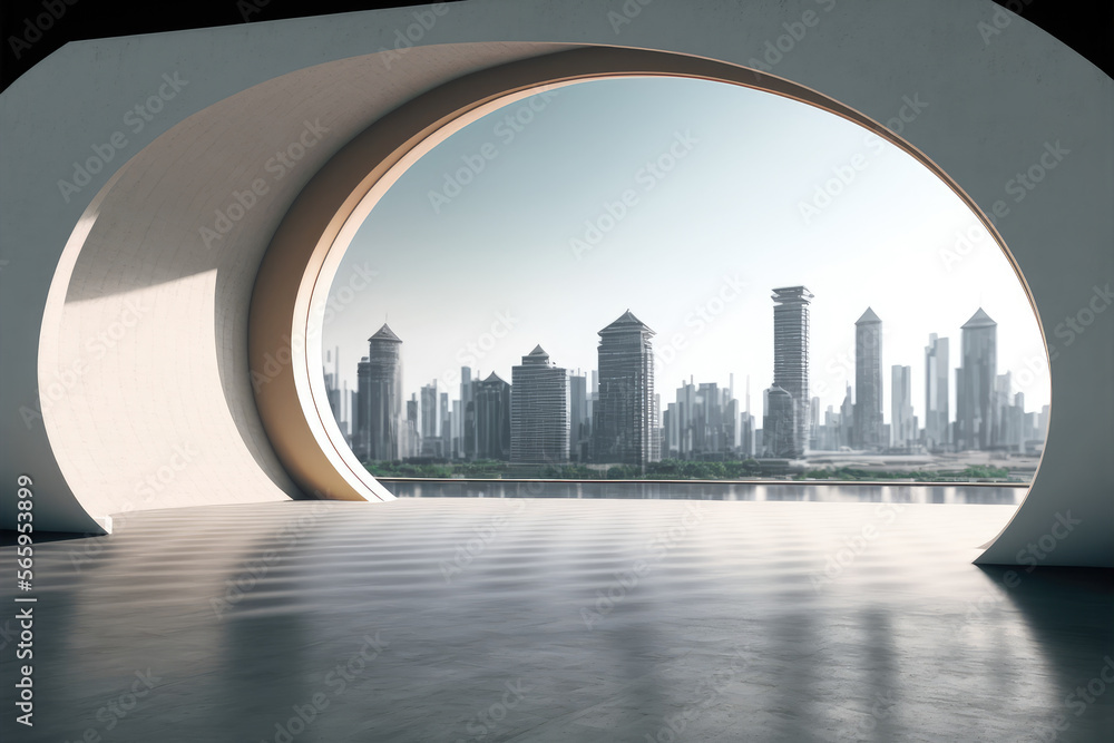 Modern architecture building design with empty concrete floor and urban ...