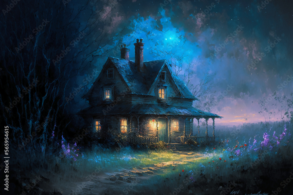 Bioluminescent Little house on the prairie Antoine. Generative AI Stock ...