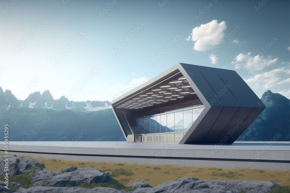 Futuristic architecture of modern hall entrance facade on high mountain ...
