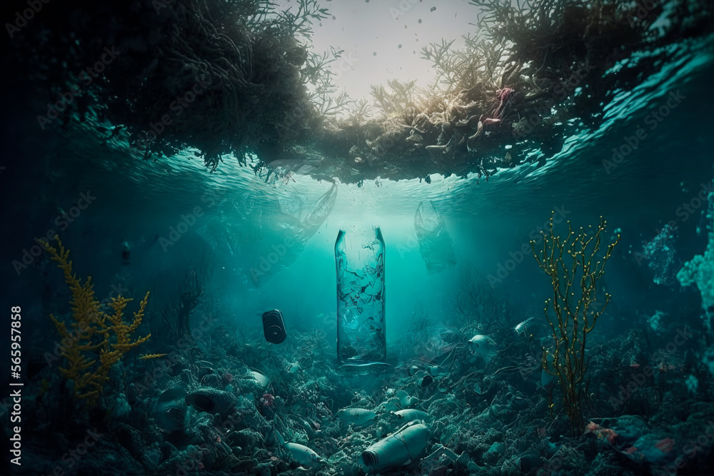 Seabed contaminated by plastics and waste. Problem of plastic pollution ...