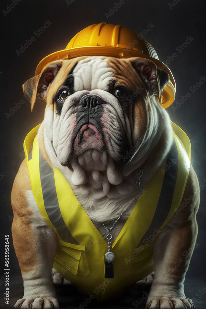 Floppy faced bulldog wearing a yellow hard hat and a Hi-viz safety vest ...
