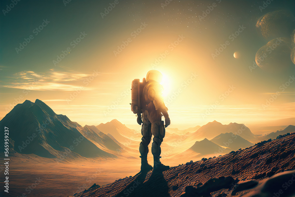 Alone astronaut in space suit on surface of unknown planet. Space ...