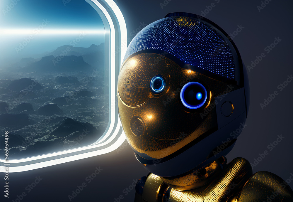 robot and alien planet view through window generative AI sci-fi ...