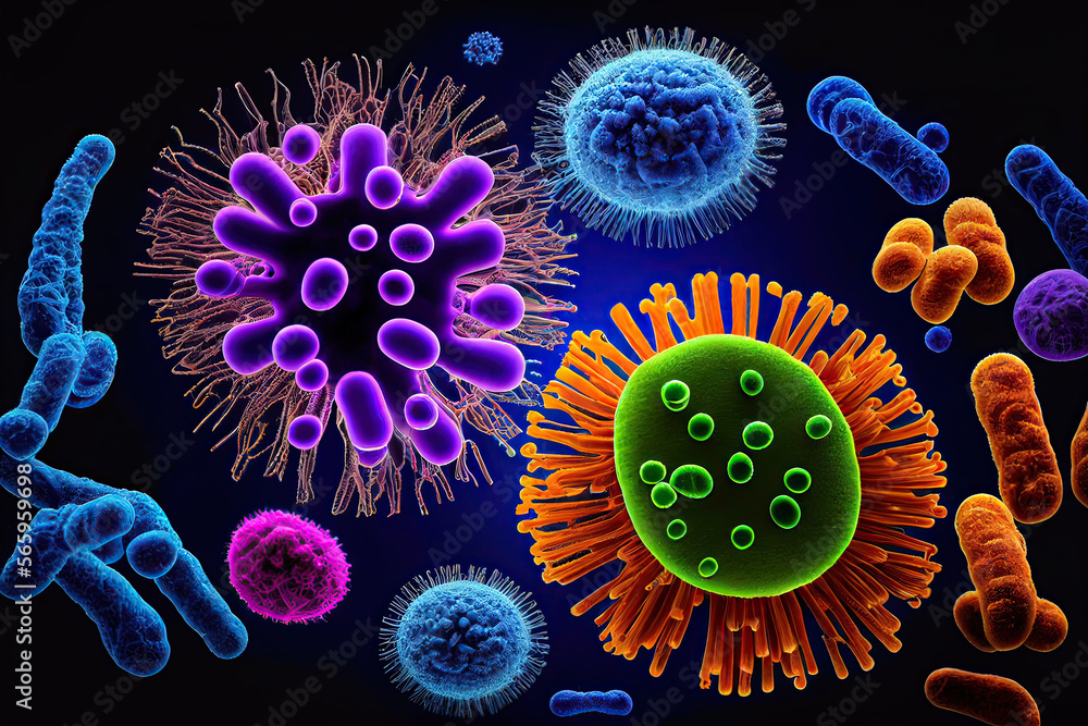 Macro shot of different types of microbes. Virus cells and bacteria on ...