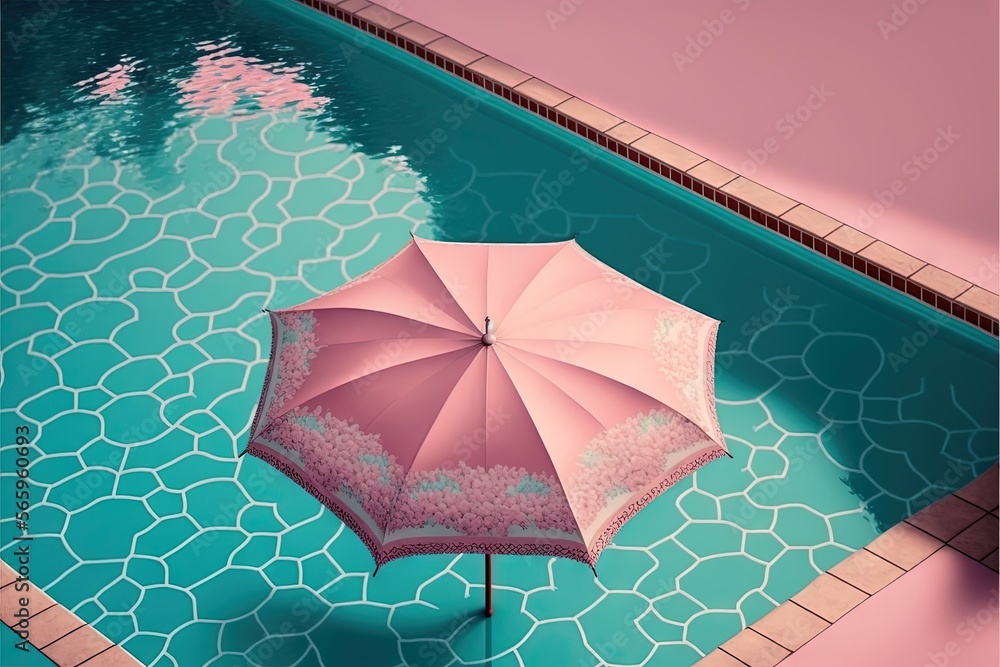 a pink umbrella sitting on top of a pool next to a swimming pool with a ...