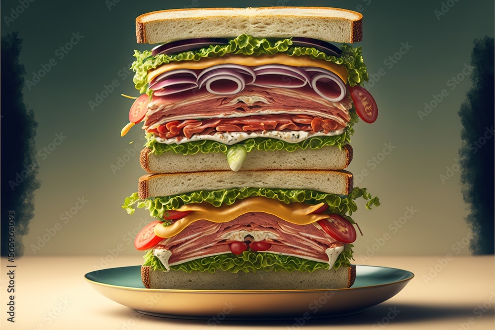 a stack of sandwiches with meat, lettuce, and cheese on a plate with a ...