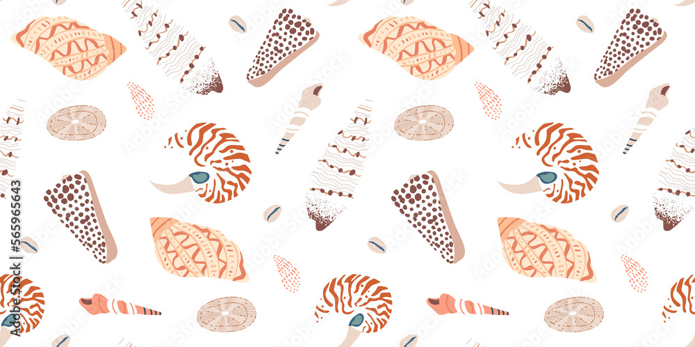 Diverse tropical beach sea shell seamless pattern. Summer marine animal ...