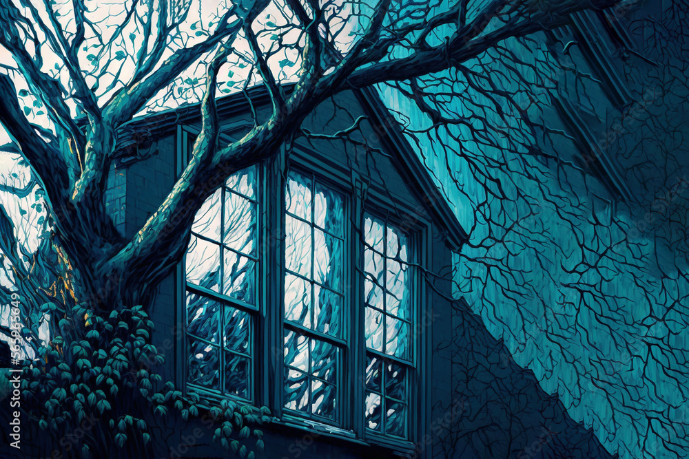 a painting of a tree outside of a window with a sky background and a ...