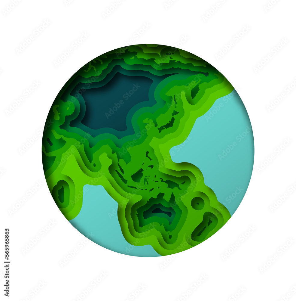 Colorful paper cut earth planet map on isolated background. Green 3d ...
