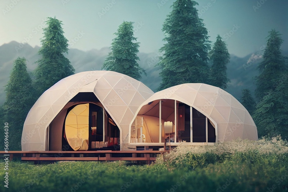 Geodesic dome tent as hotel. Fabric and wood framed yurt structures for ...