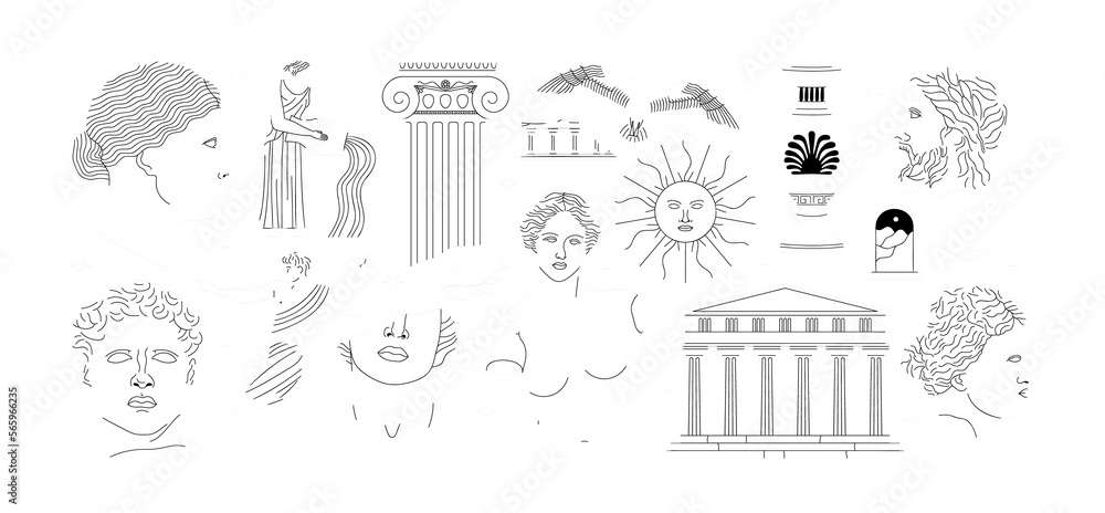 Set of ancient greek statue, classic vintage monument shapes in black ...