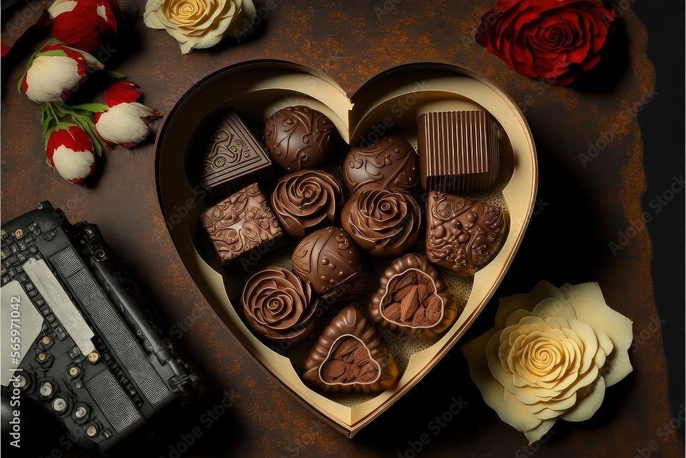 Rose flowers and heart-shaped chocolate in a box laying on the tabletop ...