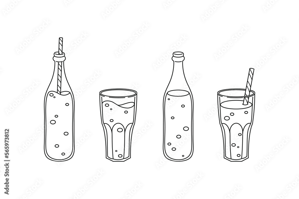 Set of cute hand drawn soft soda drink bottles and glasses. Vector line ...