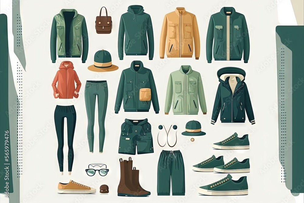 a bunch of clothes and shoes are arranged in a flat style on a white ...