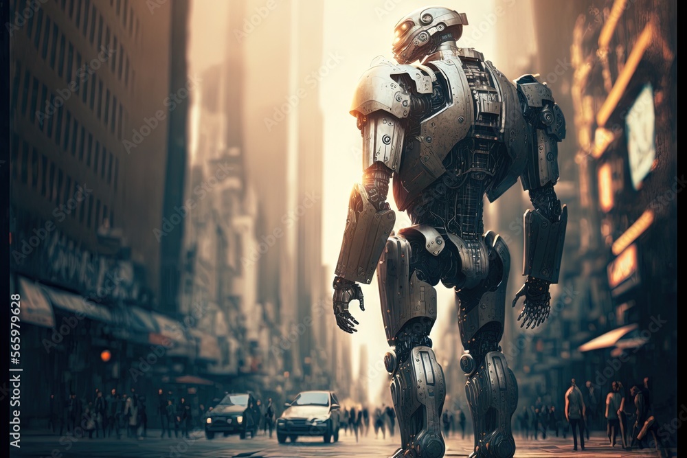 a robot walking down a city street next to tall buildings and traffic ...
