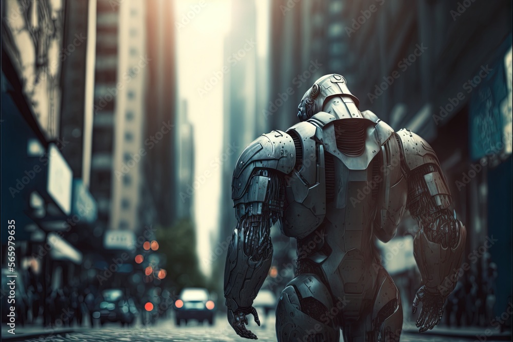 a robot walks down a city street in a futuristic suit with a helmet and ...